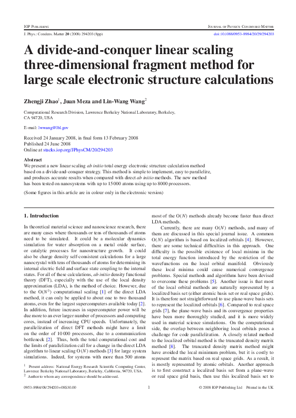 Pdf A Divide And Conquer Linear Scaling Three Dimensional Fragment Method For Large Scale