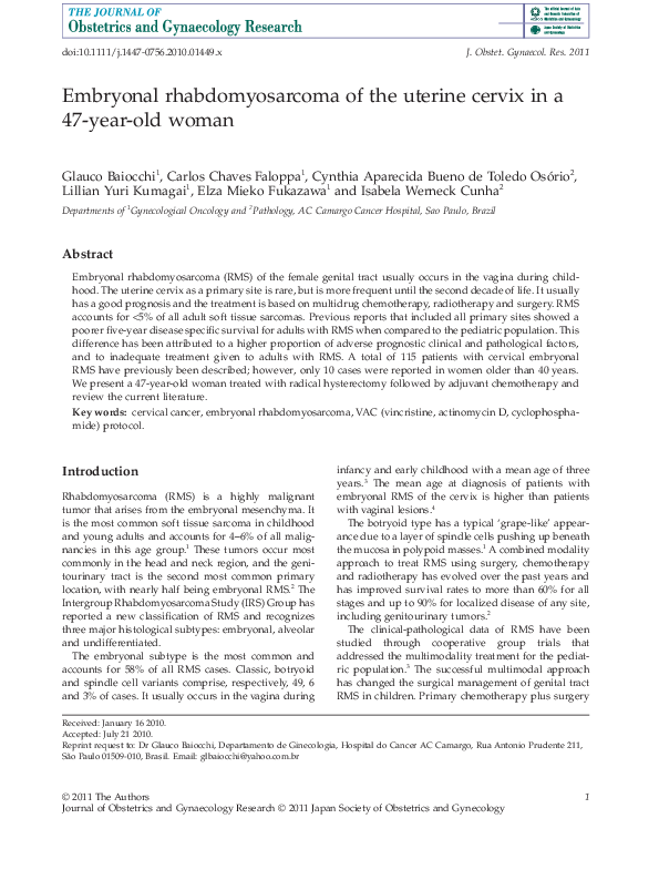 (PDF) Embryonal rhabdomyosarcoma of the uterine cervix in a 47-year-old ...