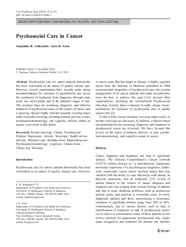 (PDF) Psychosocial Care in Cancer