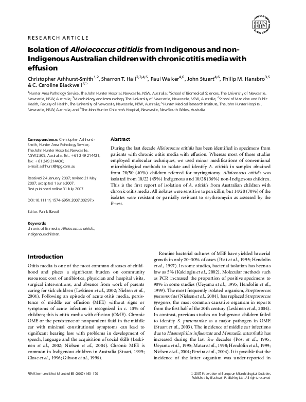 (PDF) Isolation of Alloiococcus otitidis in Australian Children with ...