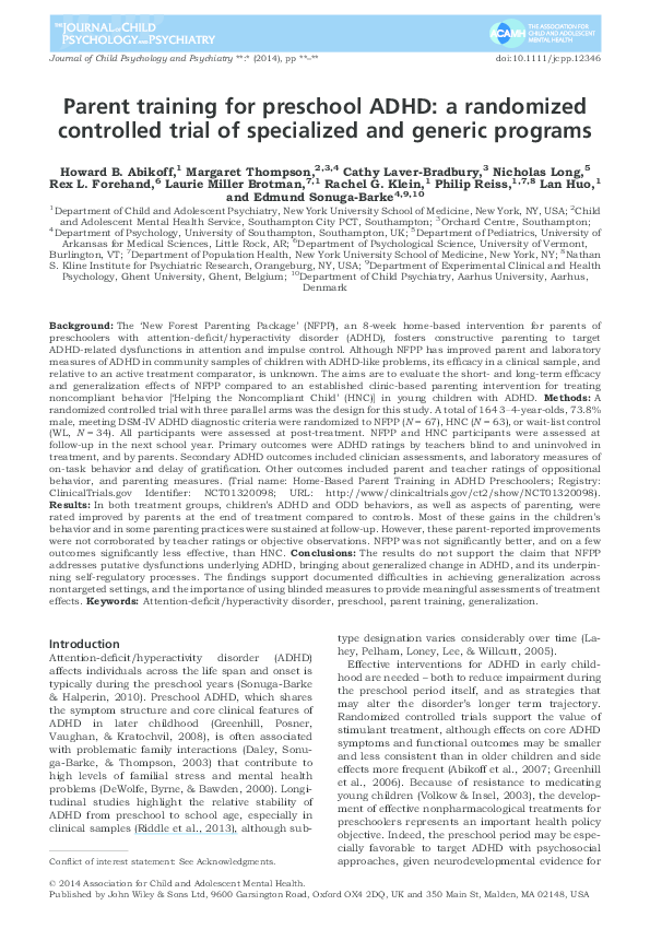(PDF) Parent training for preschool ADHD: a randomized controlled trial ...