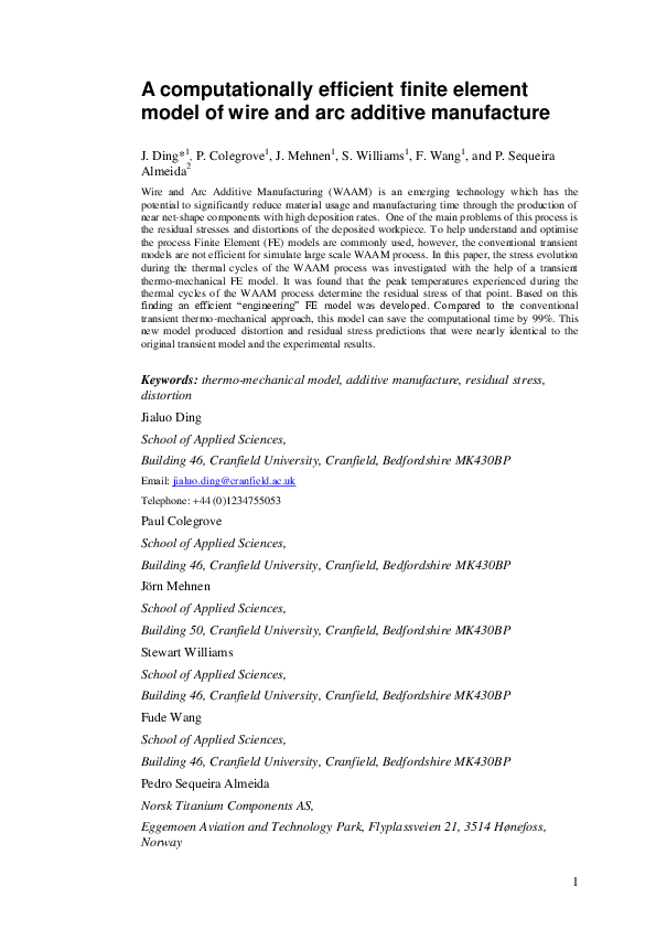 (PDF) A computationally efficient finite element model of wire and arc additive manufacture