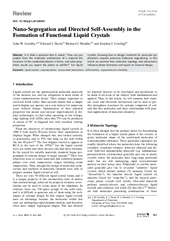 (PDF) Nano-Segregation and Directed Self-Assembly in the Formation of Functional Liquid Crystals