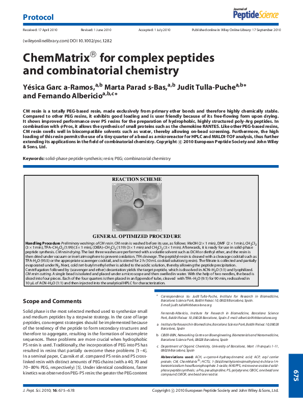 (PDF) ChemMatrix® for complex peptides and combinatorial chemistry