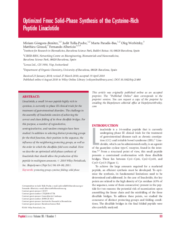 (PDF) Optimized Fmoc solid-phase synthesis of the cysteine-rich peptide ...