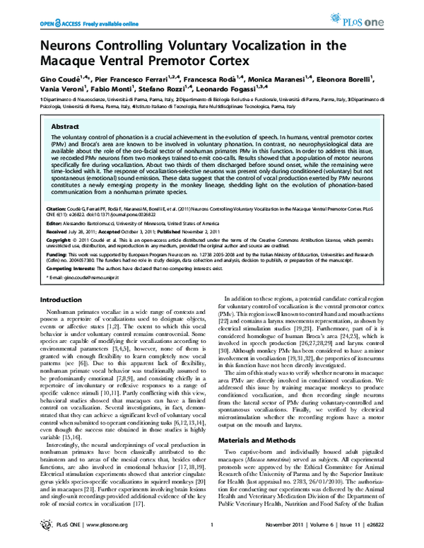 (PDF) Neurons Controlling Voluntary Vocalization in the Macaque Ventral ...
