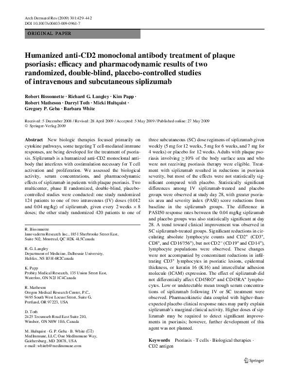 (PDF) Humanized anti-CD2 monoclonal antibody treatment of plaque psoriasis: efficacy and ...