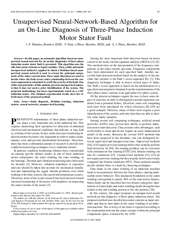 Pdf Unsupervised Neural Network Based Algorithm For An On Line Diagnosis Of Three Phase