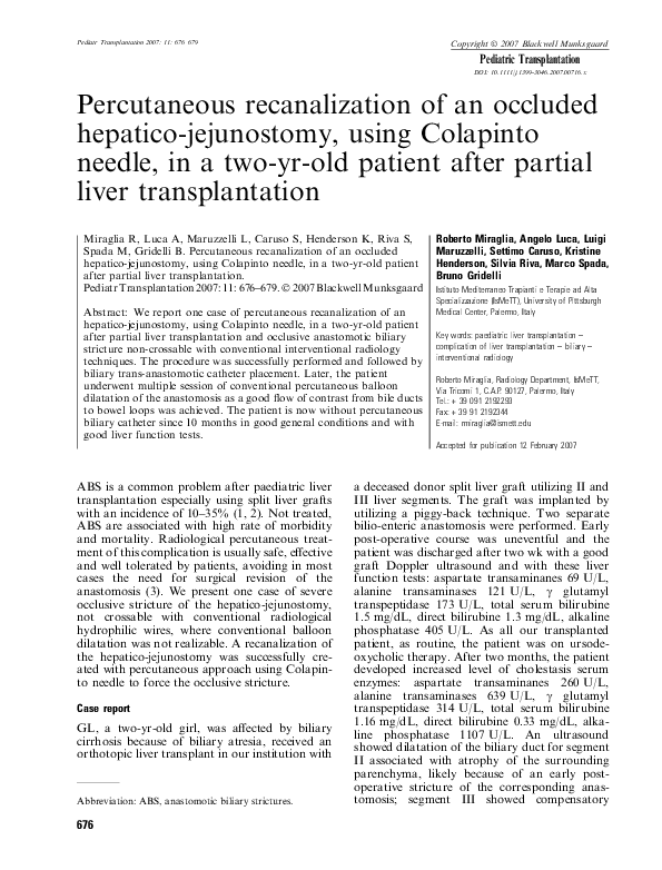 (PDF) Percutaneous recanalization of an occluded hepatico-jejunostomy ...