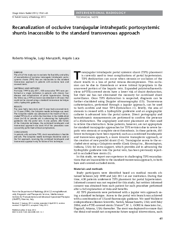 (PDF) Recanalization of Occlusive Transjugular Intrahepatic ...