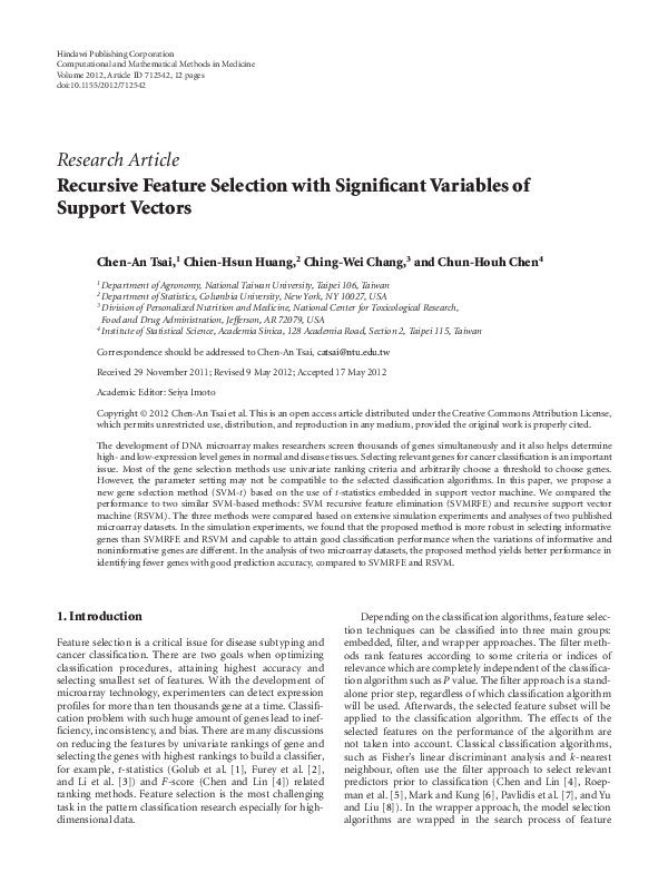 (PDF) Recursive Feature Selection with Significant Variables of Support Vectors | Chen-An Tsai ...