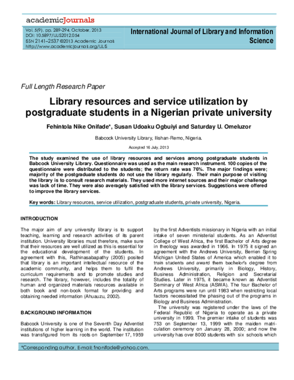 (PDF) Library Resource Use by Postgraduates in Nigeria
