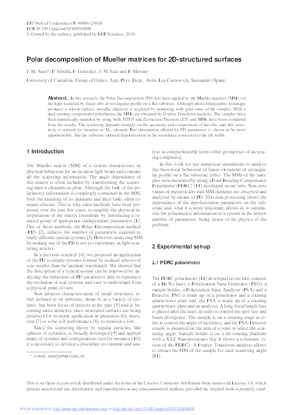 (PDF) Polar decomposition of Mueller matrices for 2D-structured surfaces