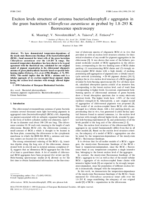 (PDF) Exciton levels structure of antenna bacteriochlorophyll c ...