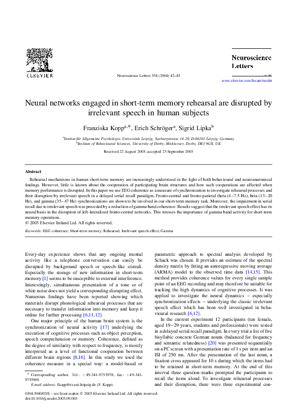 (PDF) Neural networks engaged in short-term memory rehearsal are disrupted by irrelevant speech ...