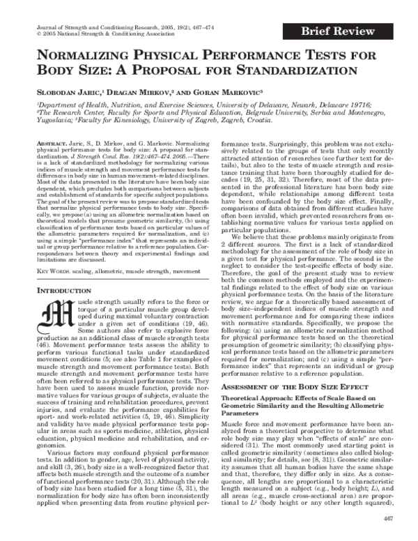 (PDF) Normalizing Physical Performance Tests for Body Size