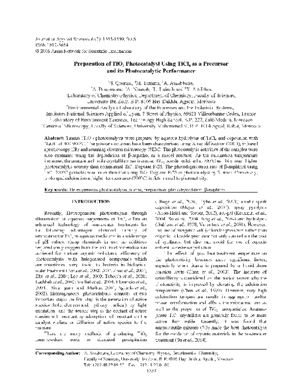 Pdf Preparation Of Tio2 Photocatalyst Using Ticl4 As A Precursor And Its Photocatalytic