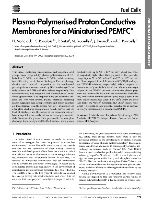 (PDF) Plasma-Polymerised Proton Conductive Membranes for a Miniaturised ...