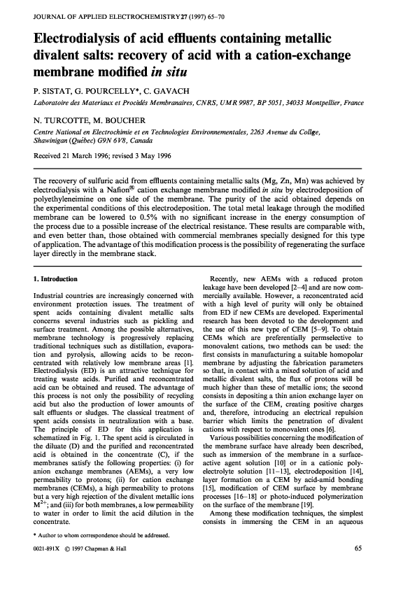 (PDF) Electrodialysis of acid effluents containing metallic divalent ...