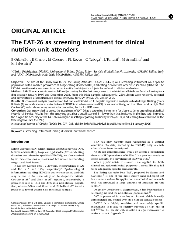 (PDF) The EAT-26 as screening instrument for clinical nutrition unit ...