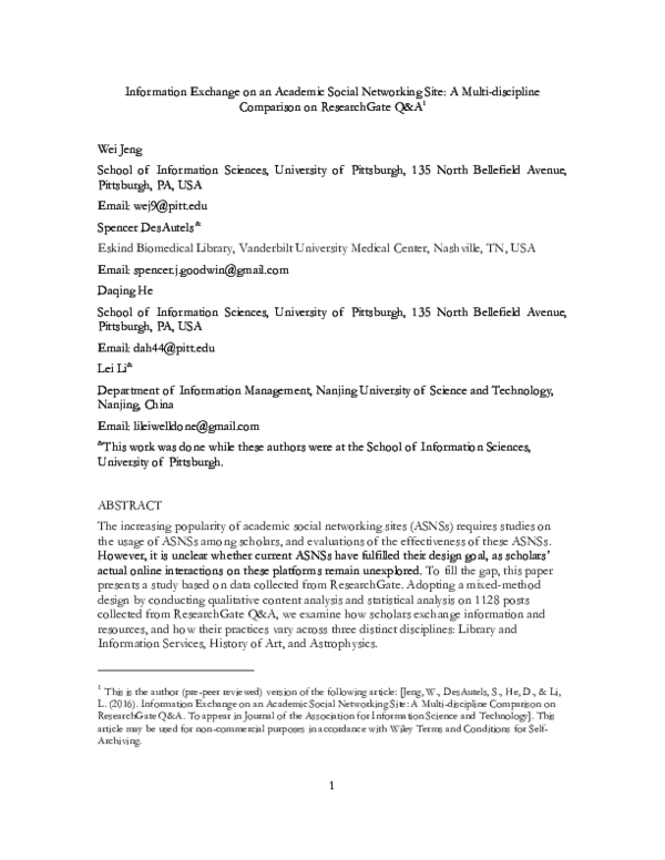 (PDF) Information Exchange on an Academic Social Networking Site: A ...