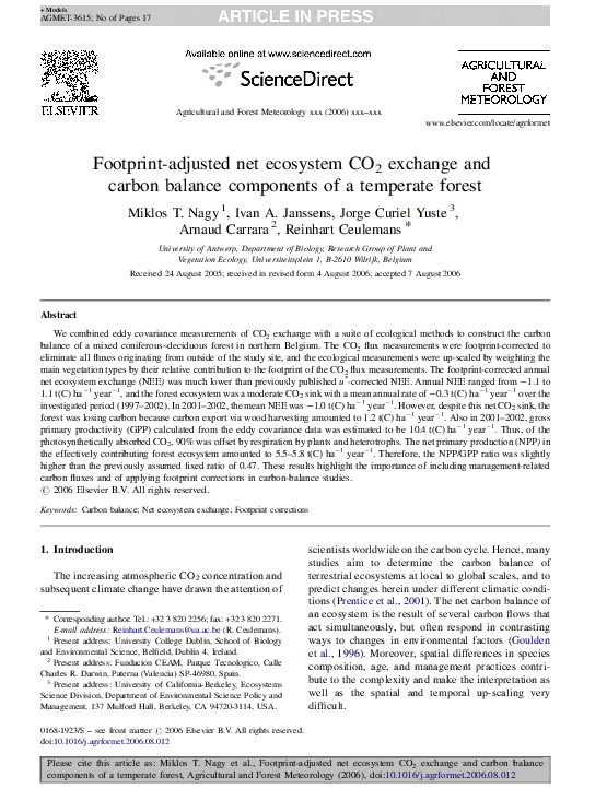 (PDF) Footprint-adjusted net ecosystem CO2 exchange and carbon balance components of a temperate ...