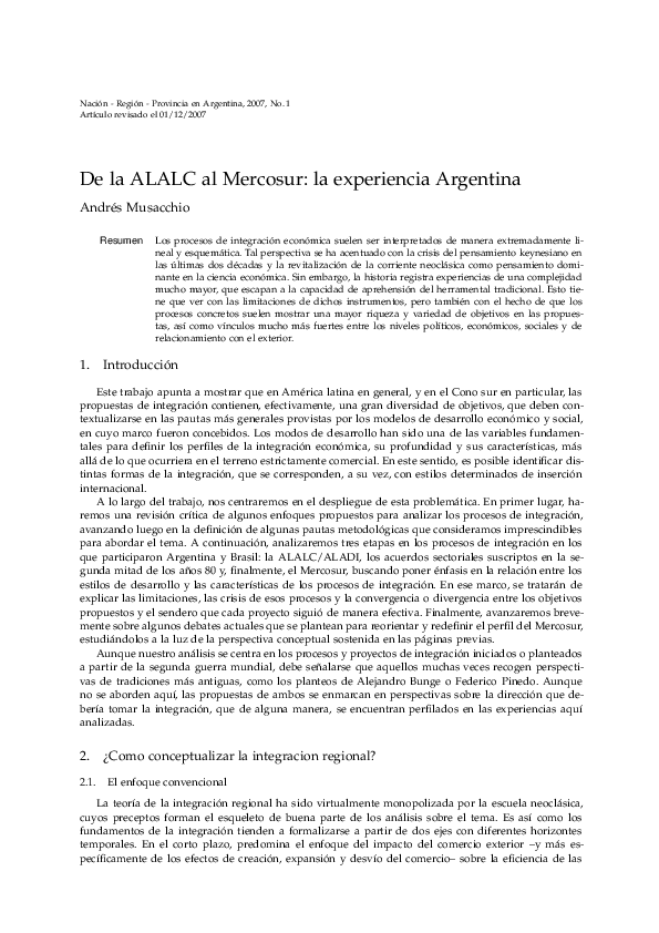 (PDF) De la ALALC al Mercosur: la experiencia Argentina