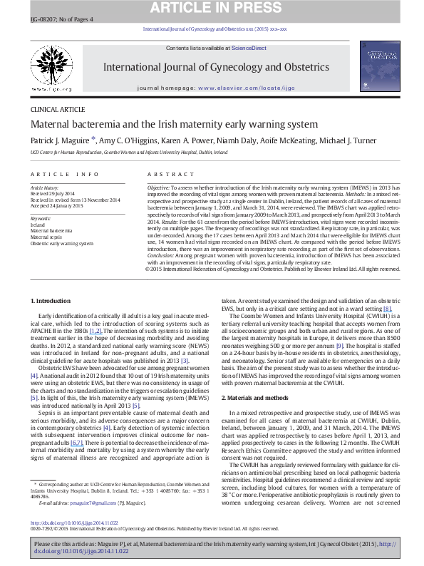 (PDF) Maternal bacteremia and the Irish maternity early warning system