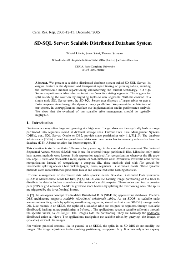 (PDF) An Overview of a Scalable Distributed Database System SD-SQL Server