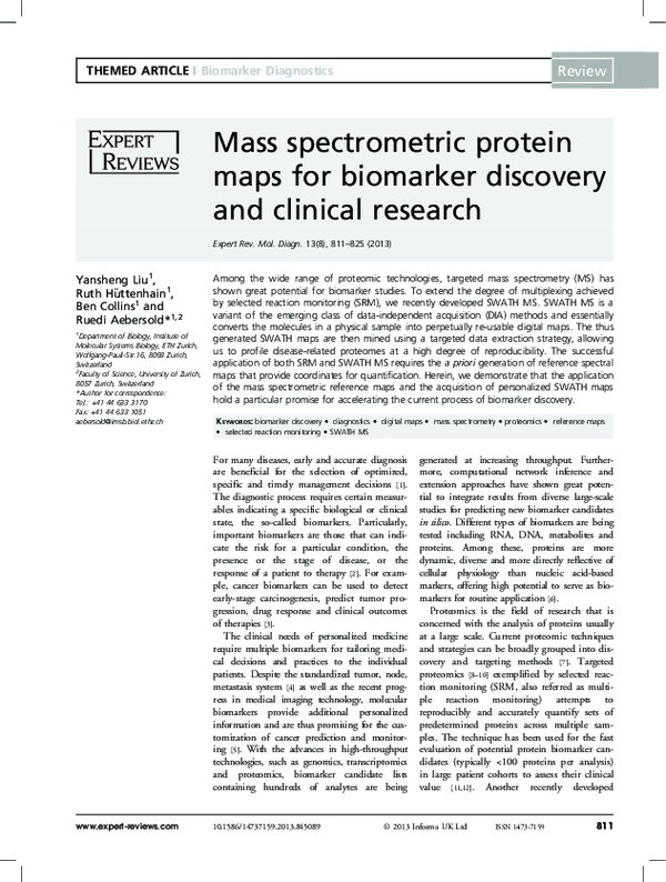 (PDF) Mass spectrometric protein maps for biomarker discovery and ...