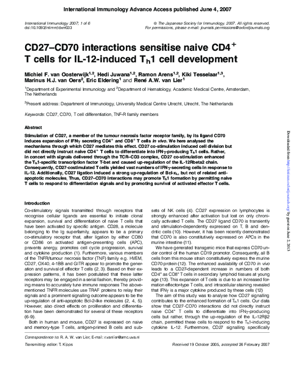 (PDF) CD27-CD70 interactions sensitise naive CD4+ T cells for IL-12 ...