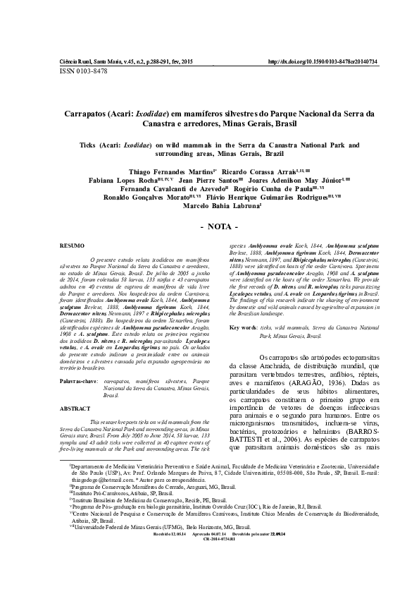 (PDF) Carrapatos (Acari: Ixodidae) em mamíferos silvestres do Parque Nacional da Serra da ...