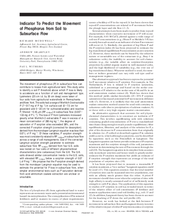 (PDF) Indicator To Predict the Movement of Phosphorus from Soil to ...