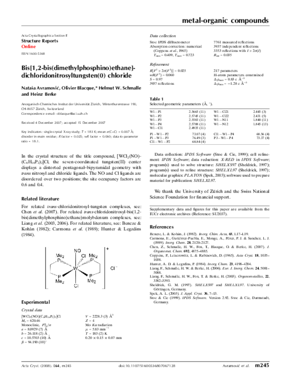 (PDF) Bis[1,2-bis(dimethylphosphino)ethane]dichloridonitrosyltungsten(0 ...