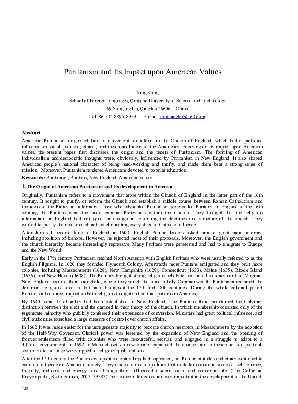 (DOC) Puritanism and Its Impact upon American Values