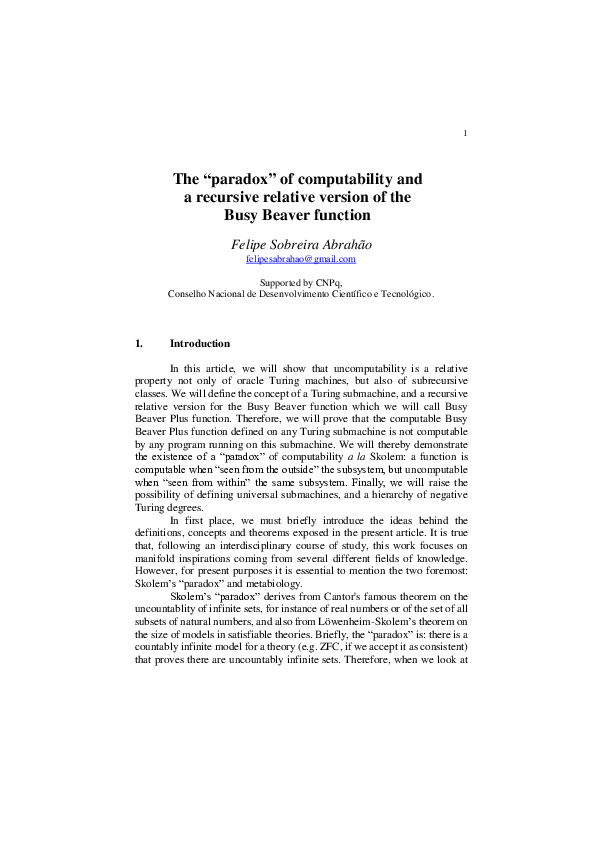 (PDF) The "paradox" of computability and a recursive relative version of the Busy Beaver ...