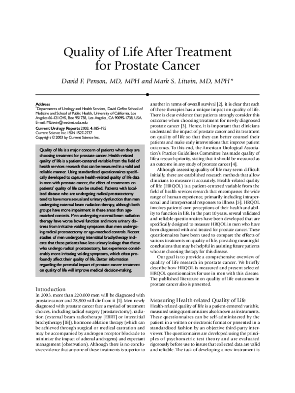 (PDF) Quality of Life After Treatment for Prostate Cancer: No ...