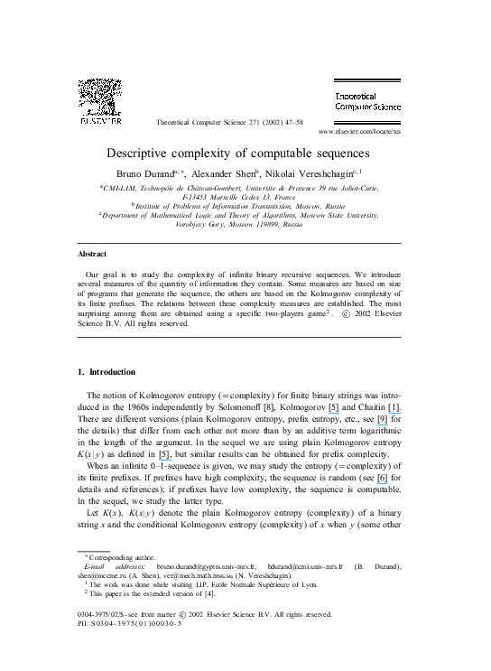 (PDF) Descriptive complexity of computable sequences