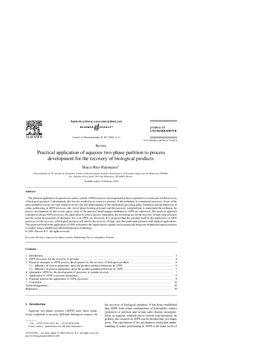 Pdf Practical Application Of Aqueous Two Phase Partition To Process