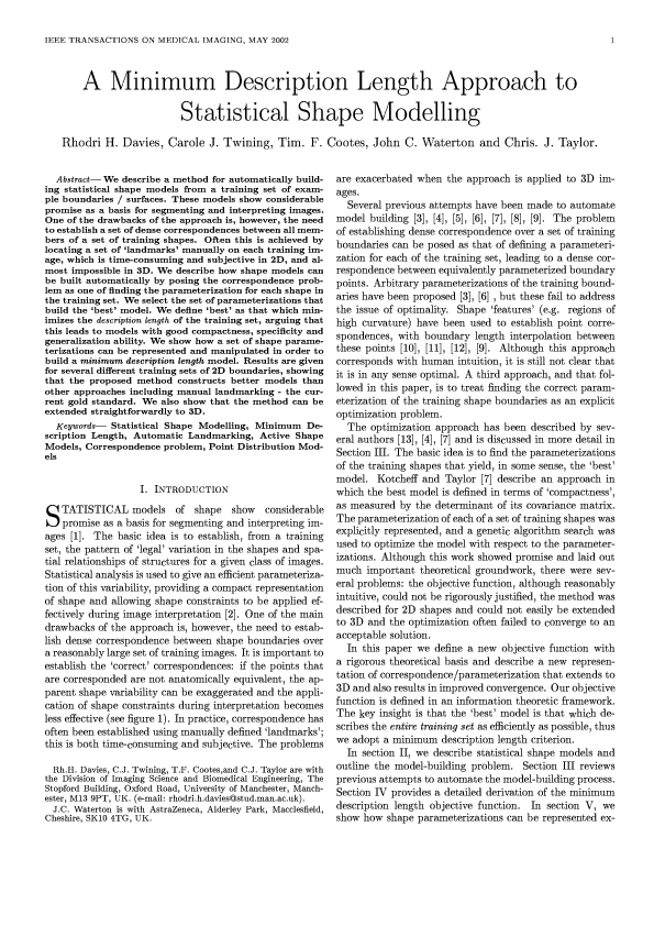 (PDF) A minimum description length approach to statistical shape modeling