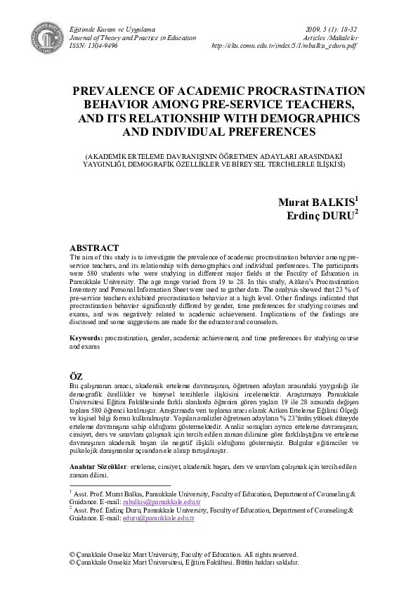 (PDF) PREVALENCE OF ACADEMIC PROCRASTINATION BEHAVIOR AMONG PRE-SERVICE TEACHERS, AND ITS ...