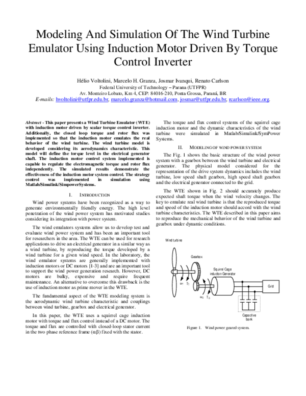 (PDF) Modeling And Simulation Of The Wind Turbine Emulator Using Induction Motor Driven By ...