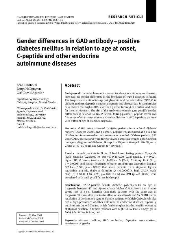 (PDF) Gender differences in GAD antibody– positive diabetes mellitus in ...
