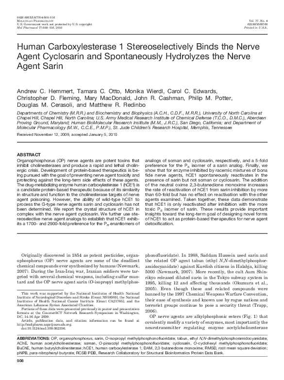 (PDF) Human Carboxylesterase 1 Stereoselectively Binds the Nerve Agent ...