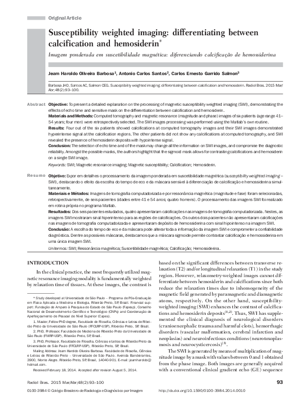 (PDF) Susceptibility weighted imaging: differentiating between ...