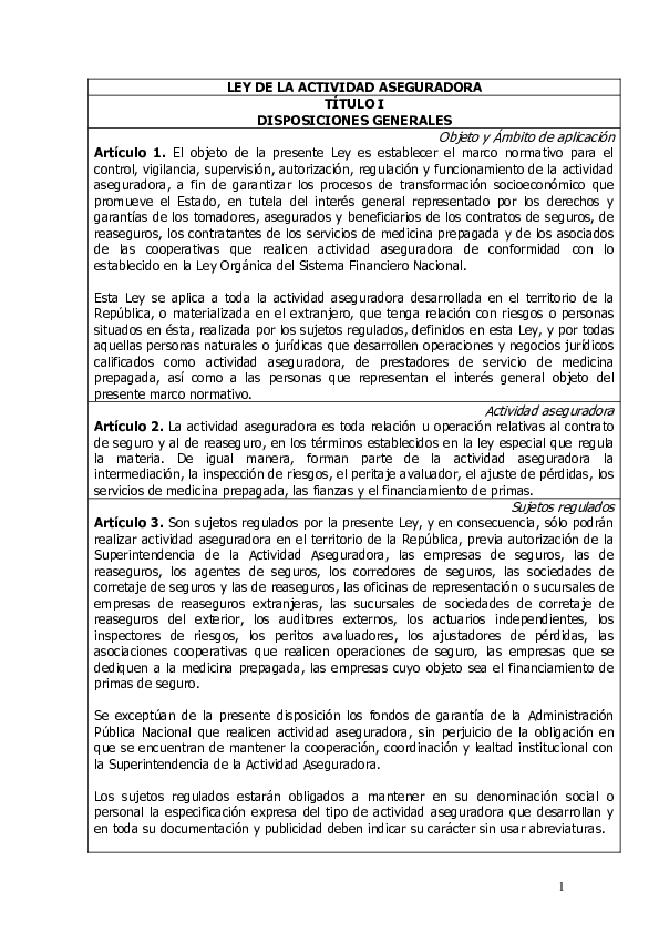 (PDF) LEY DE LA ACTIVIDAD ASEGURADORA TÍTULO I DISPOSICIONES GENERALES