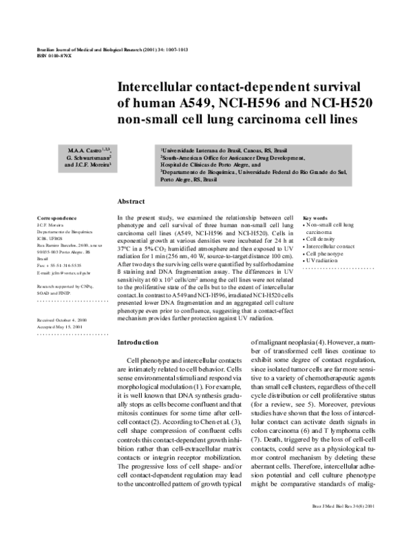 (PDF) Intercellular contact-dependent survival of human A549, NCI-H596 ...