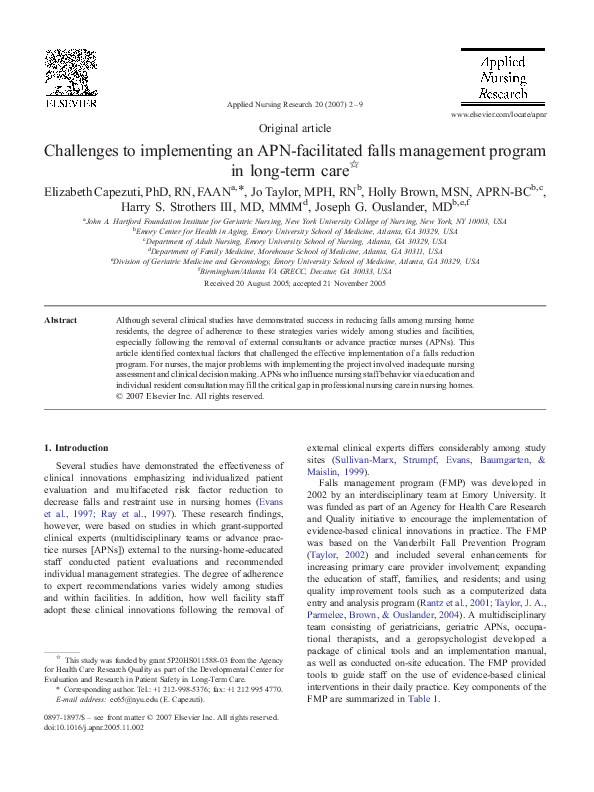 (PDF) Challenges to implementing an APN-facilitated falls management ...