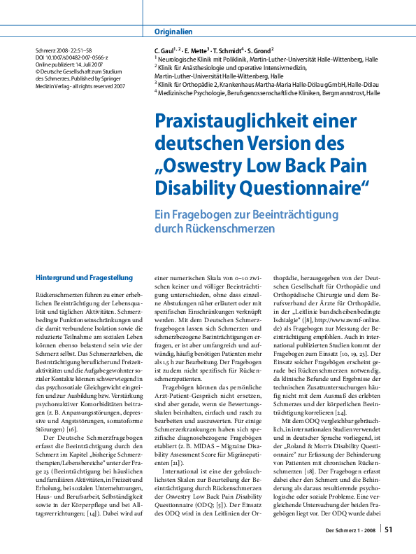 (PDF) Praxistauglichkeit einer deutschen Version des „Oswestry Low Back ...