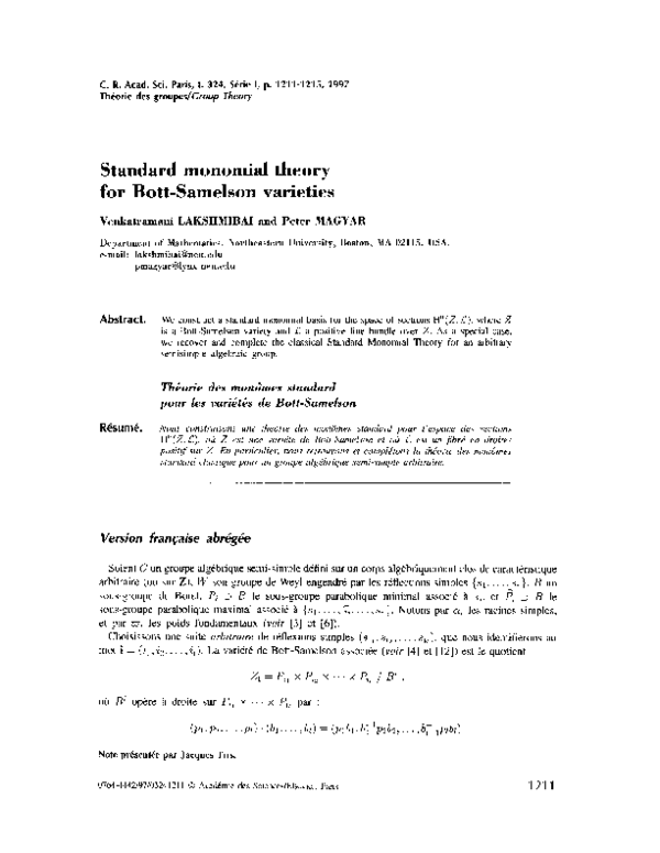 (PDF) Standard Monomial Theory for Bott-Samelson Varieties of GL ( n )